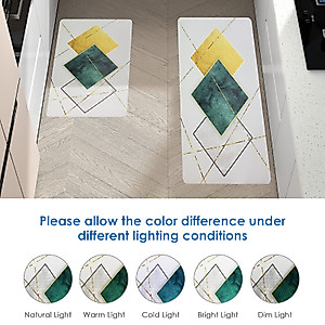 EMMTEEY Kitchen Anti Fatigue Mat Light Grey Silver Gold Green Luxury Geometric Abstract Art Memory Foam Kitchen Mat Set of 2 Kitchen Sink Mat for Floor Laundry Office