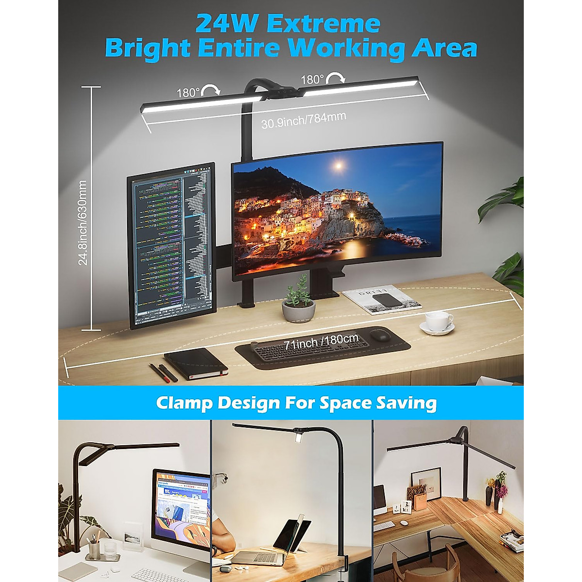 KPBOTL 24W Double Head Architect Desk Lamp for Home Office, Ultra Wide 30.9'' Eye-Caring Auto Dimming Desk Light with Adapter, Super Bright Table Lamp with Flexible Gooseneck,5 Colors,10 Brightness