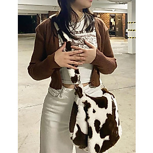 YIUOR Faux Fur Crossbody Bag Cow Print Women Plush Fluffy Furry Shoulder Tote Bag with Zipper Closure (Brown)