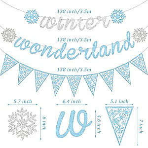 Gersoniel 3 Pieces Snowflake Winter Wonderland Banner Snowflake Paper Garland Snowflake Hanging Banner Silver Glittery Snowflake Decorations for Snow Christmas Wedding Birthday Party (Blue, Silver)