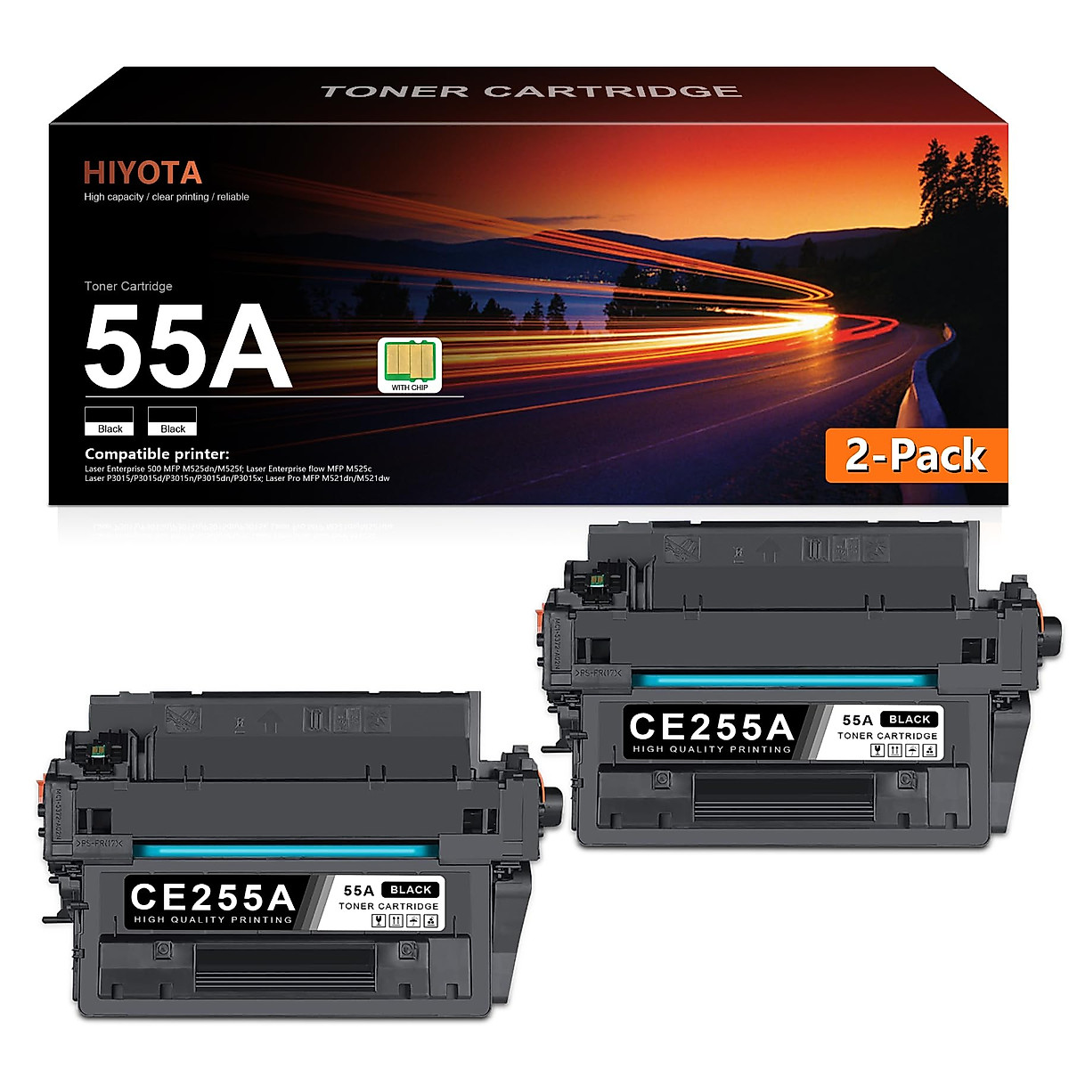 55A Black Toner Cartridge with Chip (2-Pack) | Replacement for HP 55A Works with Laser Enterprise 500 MFP M525 Series, Laser Enterprise P3015 Series, Laser Pro MFP M521 Series Printer Ink | CE255A-2PK