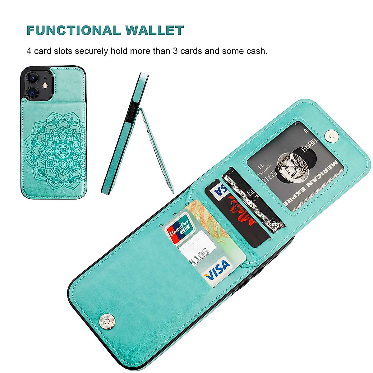 Vaburs Compatible with iPhone 12 and iPhone 12 Pro Case with Wallet Card Holder,Embossed Mandala Pattern Flower PU Leather 4 Card Slots Kickstand Shockproof Flip Cover 6.1 Inch(Green)