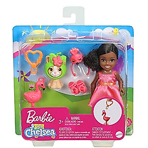 Barbie Club Chelsea Dress-Up Doll, 6-in Brunette in Flamingo Costume, with Pet Kitten and Accessories, Gift for 3 to 7 Year Olds