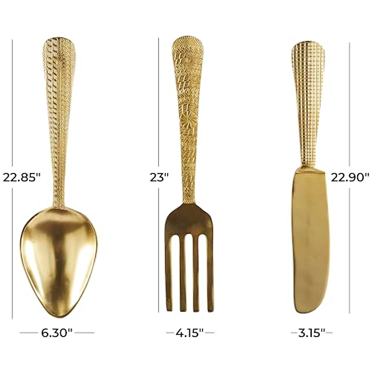 Deco 79 Aluminum Metal Utensils Home Wall Decor Knife, Spoon and Fork Wall Sculpture, Set of 3 Wall Art 4" W, 23" H, Gold