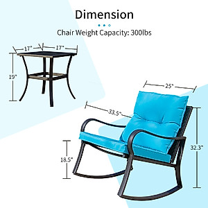 domi outdoor living 3 Pieces Bistro Set Outdoor Rocking Chairs All Weather Patio Wicker Furniture Set with Thickened Cushion and Glass Top Coffee Table for Yard,Bistro (Blue)