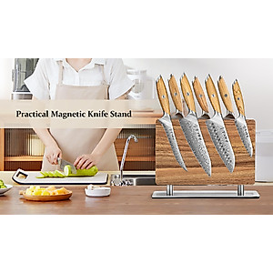 Strong Double Sided Magnetic Knife Block Without Knives, with Acacia Wood+430 Stainless Steel Base，Magnetic Universal Stands with Strong Enhanced Magnets Strip Kitchen Storage Cutlery Large Organizer