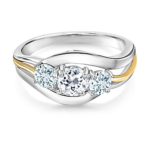 Gem Stone King 925 Sterling Silver and 10K Yellow Gold Round White Topaz and Sky Blue Aquamarine 3 Stone Ring For Women (1.10 Cttw, Available In Size 5, 6, 7, 8, 9)