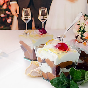 Lainrrew Dessert Cups, 50 Pack 7oz Clear Plastic Dessert Cups with Lids and Spoons Mini Square Tumbler Serving Cups Appetizer Parfait Cups for Party Tasting Mousse Pudding Yogurt