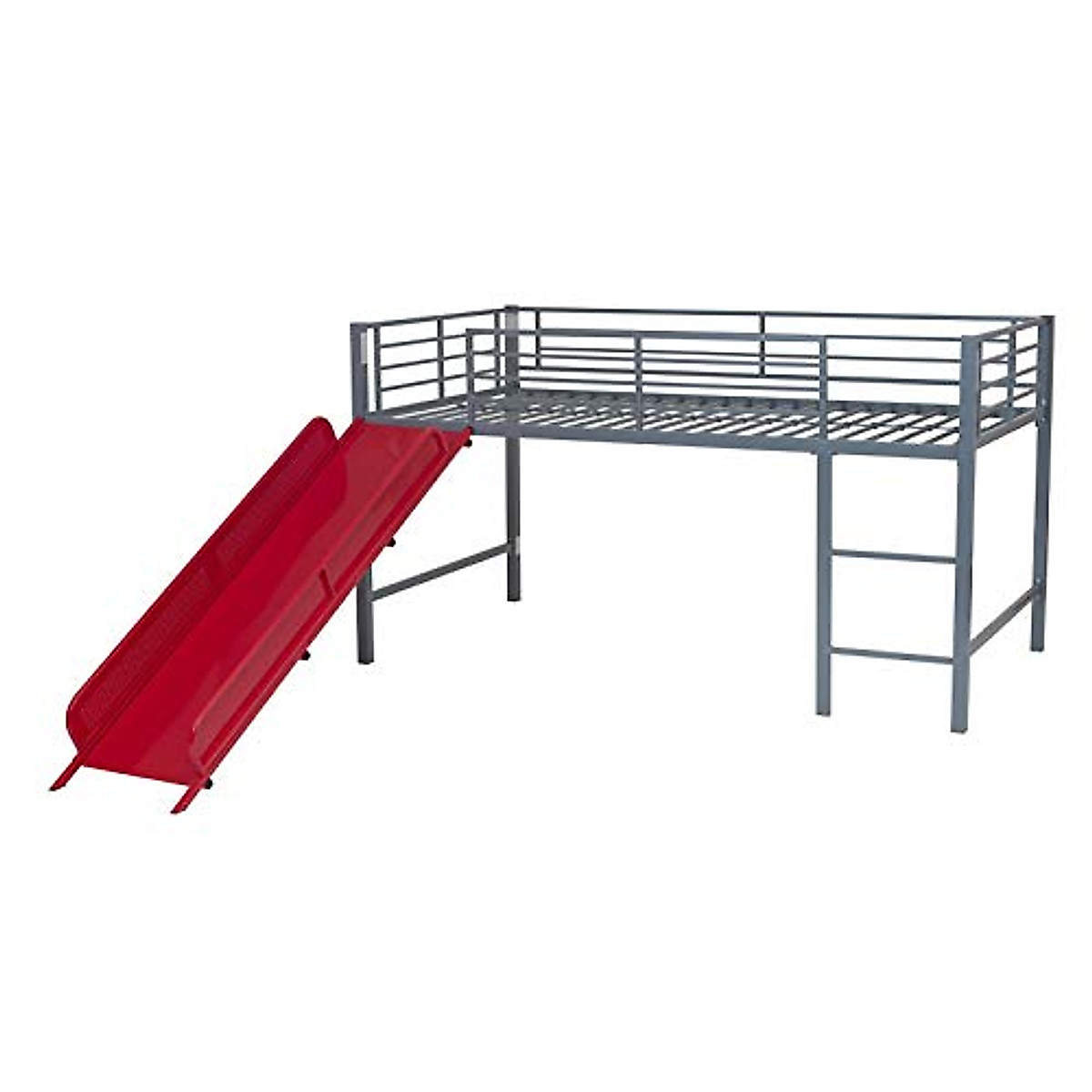 DHP Junior Twin Metal Loft Bed with Slide, Multifunctional Design, Silver with Red Slide & Fire Department Design Curtain Set for Junior Loft Bed, Kids Furniture, Blue