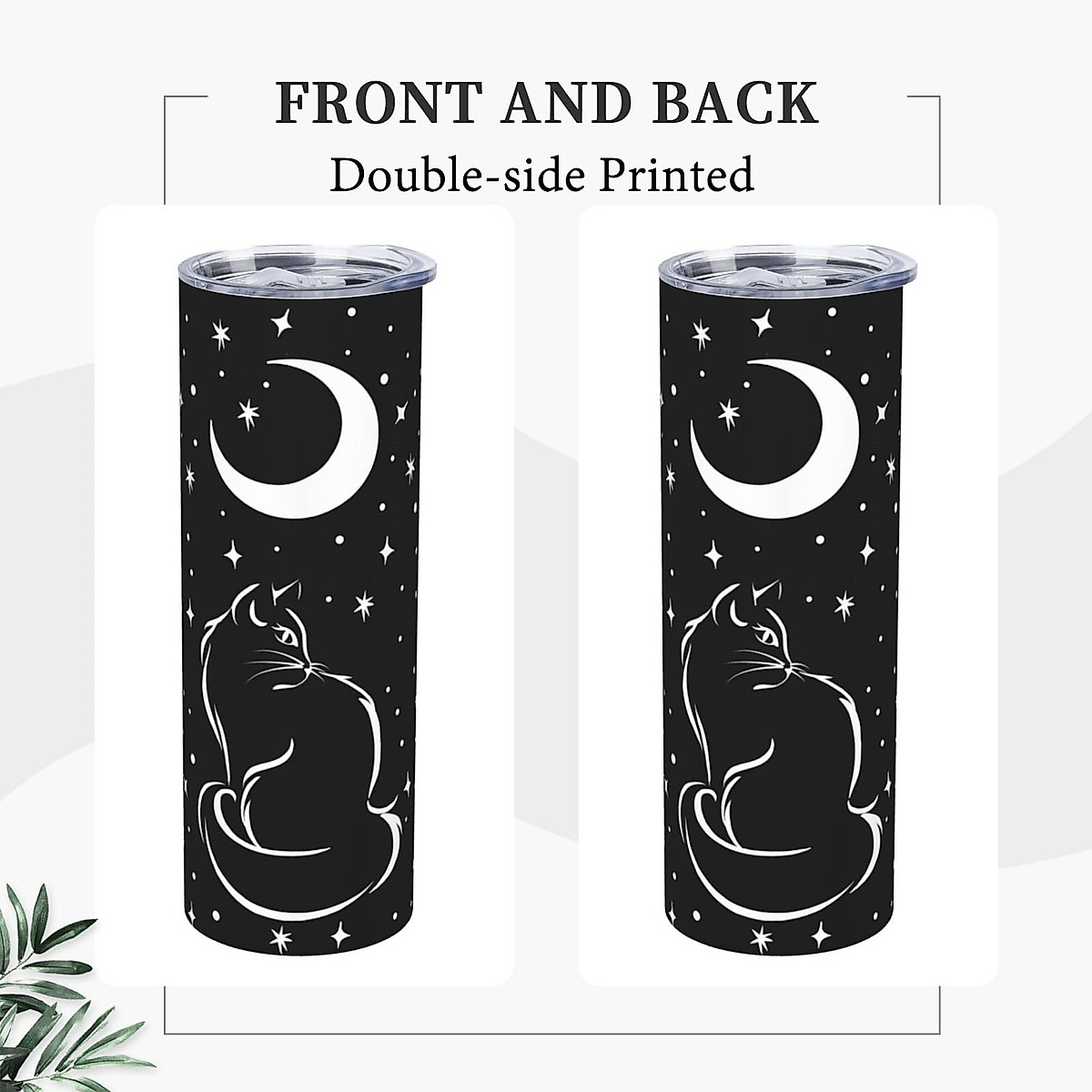 Srucddu 20oz Black Cat Moon Cat Insulated Tumbler With Lid And Straw, 3d Print Vacuum Cat Travel Mug Stainless Steel Coffee Tumbler Cup, Cat Gifts Cat Lover Tumbler for Cat Mom Women Girl
