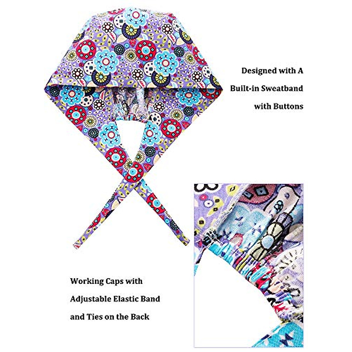 8 Packs Gourd-Shaped Working Cap with Buttons Sweatband Adjustable Hats Tie Back Hats Headwear Printed for Women Men, Multicoloured, Medium