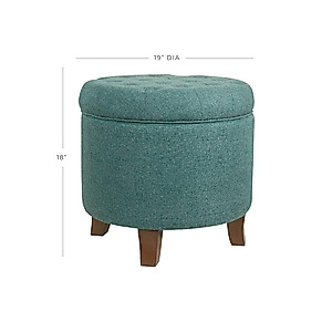 HomePop by Kinfine Fabric Upholstered Round Storage Ottoman - Button Tufted Ottoman with Removable Lid, Teal Woven