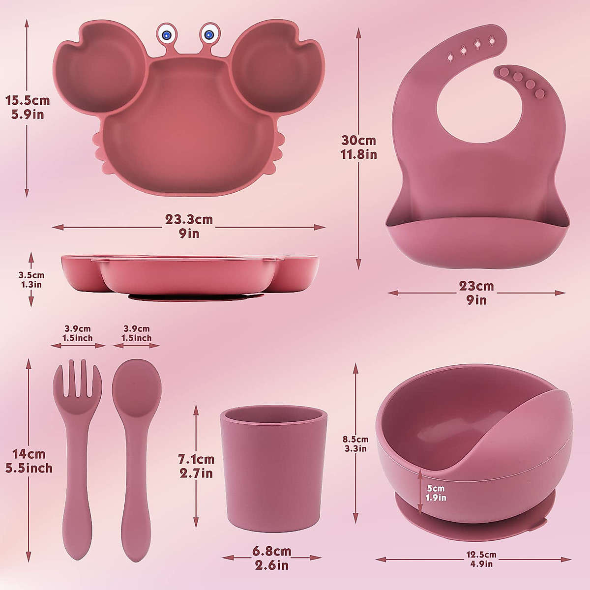 Baby Weaning Set - Suction Baby Plate and Bowl with Fork Spoon, Toddler Cup, Silicone Adjustable Bibs for Toddler Self Feeding, BPA Free Dishwasher and Microwave Safe