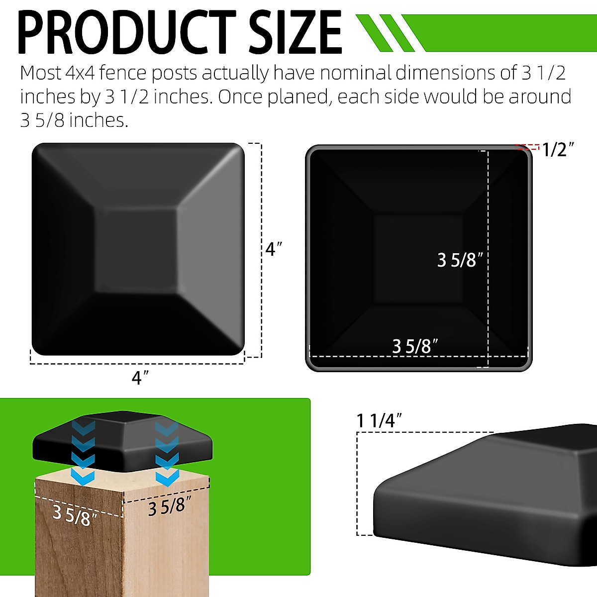 TonGass (6-Pack, Black) 4x4 (3 5/8") Wood Fence Post Caps - Wooden Fence Deck Post Covers - Durable Plastic Water-Proof and UV-Proof - Protect Wooden Fence Poles from Cracking and Rotting
