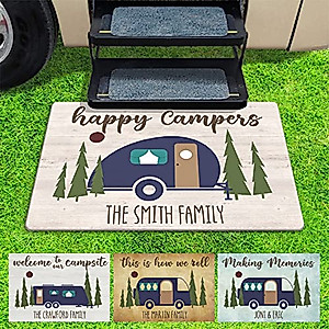 Personalized Happy Campers RV Doormat - Custom Family Name Camping Tent Door Mat, 5th Wheel Accessories for Inside Outside, Campsite Decorations for Travel Trailers, Funny Gift Welcome Motorhome Rugs