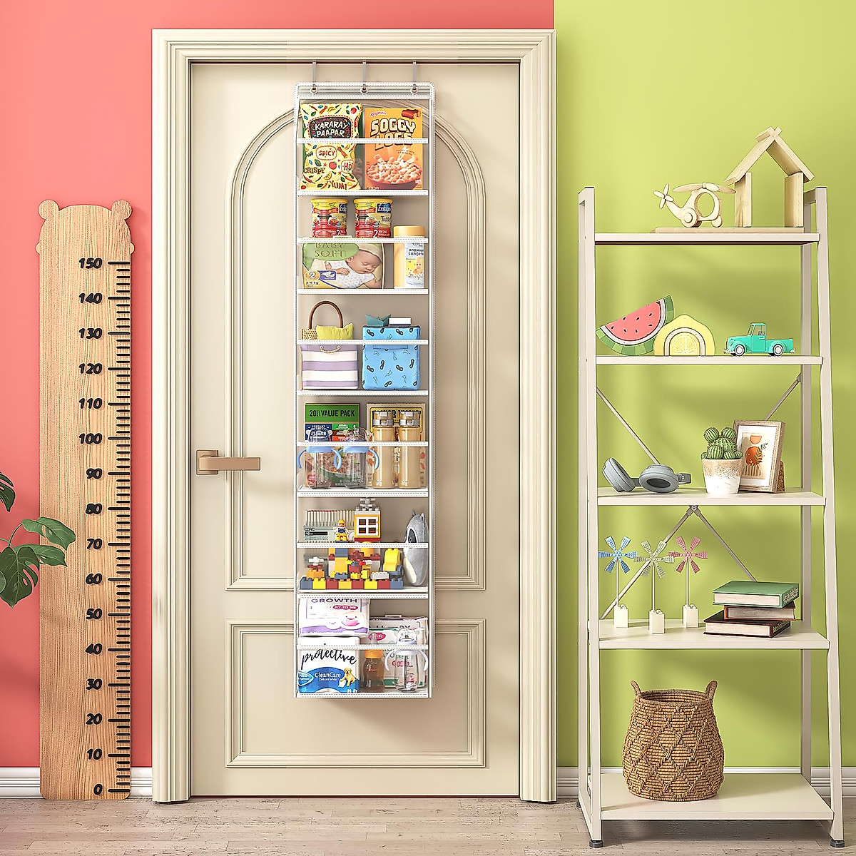 Fixwal 6-Shelf Over The Door Hanging Pantry Organizer Room Organizer with Clear Plastic Pockets Heavy Duty Behind The Door Storage Large Capacity Organizer for Closet Bedroom Bathroom (White)