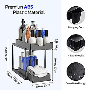 Verdenu Under Sink Organizer, 2 Tier Sliding Drawer Pull Out Organizer and Storage, Under Cabinet Organizer, Bathroom Organizer Under Sink with Hanging Cups and 4 Hooks for Bathroom, Kitchen