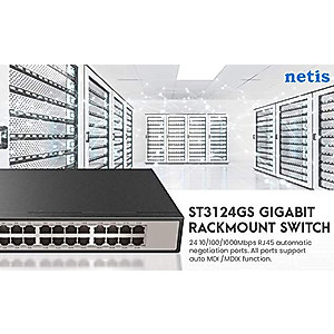 Netis ST3124GS 24 port Unmanaged 10/100/1000M Gigabit Switch, Desktop Ethernet Splitter, Ethernet Hub, Plug and Play, Fanless Quite, Traffic Optimization, Sturdy Metal Desktop size, expandable to standard 19 inch rack mount with included mounting bracket,