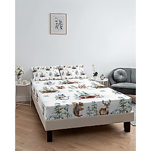 Rusic Christmas Fitted Sheets Elastic Deep Pocket 3 Pieces Bedding Set Full Size,Farmhouse Snowman Wooden Barn Reindeer Soft Brushed Bed Sheets,Winter Snow Scene Bottom Sheet