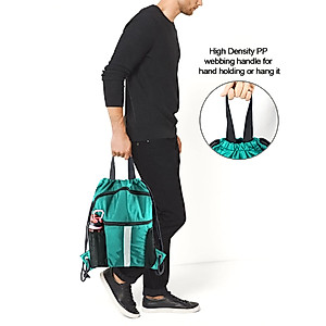 BeeGreen Teal Drawstring Backpack String Bag with Water Bottle Pockets Large Workout Bag Sackpack and Shoe Compartment Swim Sports Cinch Bag for Men Women Gym Yoga
