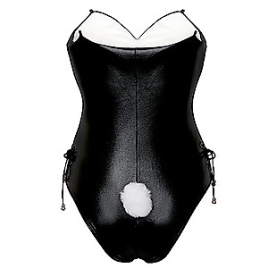 Angelaicos Womens Bunny Costume Set Senpai Cosplay Halloween Roleplay Bodysuit Stockings (PU Black, X-Large)