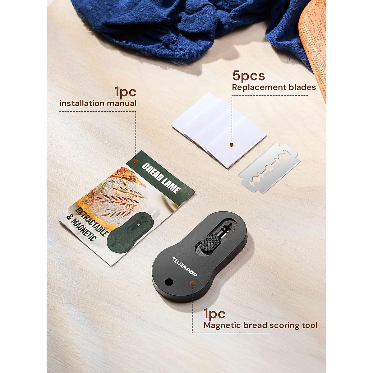 Bread Lame, Magnetic & Reusable Bread Lame Dough Scoring Tool, Bread Lame Blades Tool, Anti-Slip Handle with Long Retractable Razor, Sourdough Scoring tool for Bread Making, Bread Scoring Tool