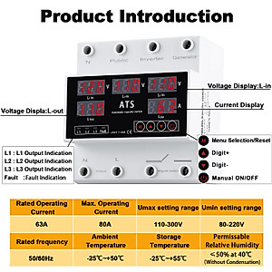 Automatic Transfer Switch,Automatic Switching Between Utility Power、Generator and Inverter,Overcurrent Protection,Overvoltage and undervoltage Protection,63A