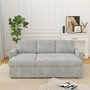 lunhung 85" L-Shaped Sofa Bed, Reversible Modular Sofa Bed with Pull-Out Bed, Storage Sofa Lounge Chair, Chenille, tylish Square Armrests with Nailhead Design for Living Room (Chenille-Light Gray)