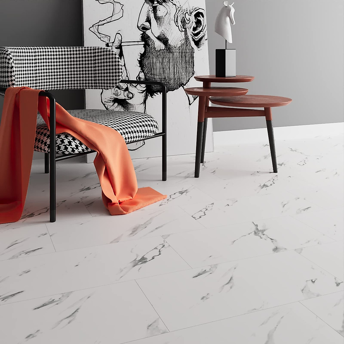Stickyart 15-Piece White Peel and Stick Marble Vinyl Flooring for Bathroom Waterproof 12"x24" Self Adhesive Marble Floor Tile Stickers Peel and Stick Flooring for Kitchen Bedroom Laundry