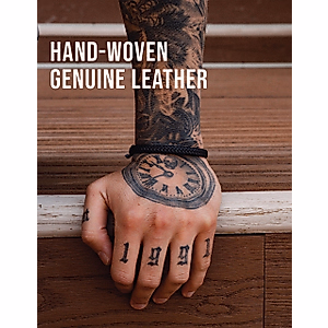 Men's Adjustable Leather Initial Bracelet | Genuine Woven Leather | A-Z Alphabet Letters Engraved on Stainless Steel Clasp - C