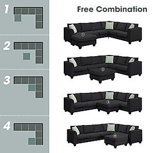 KoiHome 11287" Sectional Ottoman, Convertible L Shape Fabric Corner Couch Set with 3 Pillows, 7 Seats Modular Sofa Chaise for Living Room,Office,Apartment, Polyester, Black