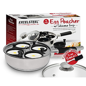 Excelsteel 18/10 Stainless Steel 4 Cup Egg Poacher, Non Stick Easy Use Rust Resistant Home Kitchen Breakfast Brunch Induction Cooktop Ready