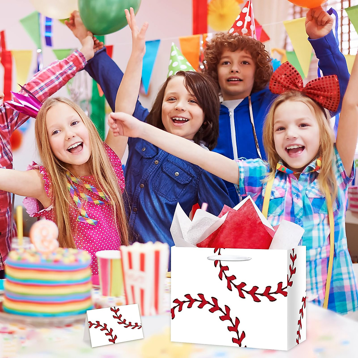 Jiaoiudi Baseball Party Bags with Tissue Paper Greeting Card Baseball Gift Bags Large with Handles Baseball Goodie Bags