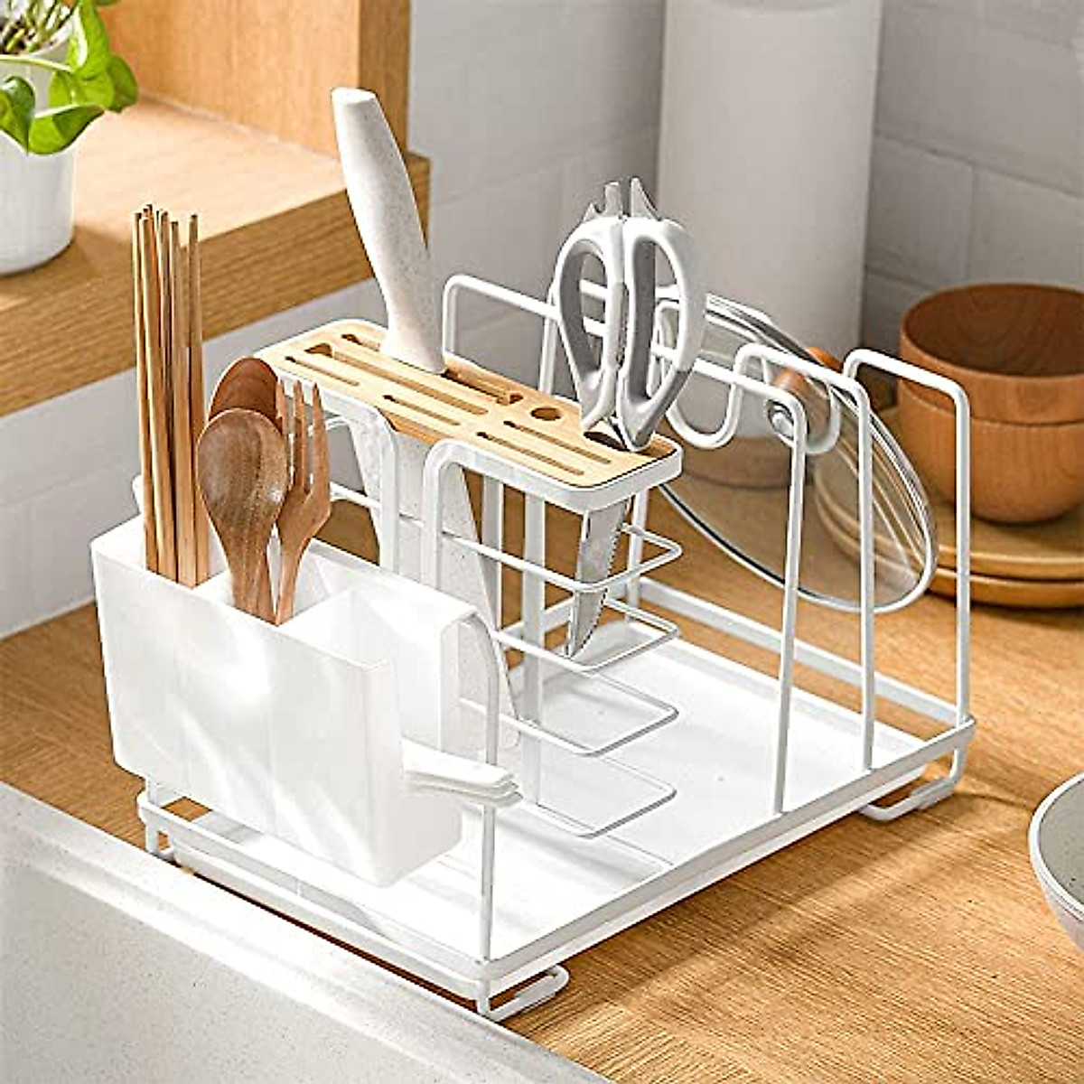 SUNFICON Pot Pan Lid Organizer Cutting Board Rack 8 Slots Knife Block Holder Cutlery Holder Kitchenware Storage Drying Rack Multifunctional Kitchen Pantry Cabinet Countertop Stand w Drip Tray White