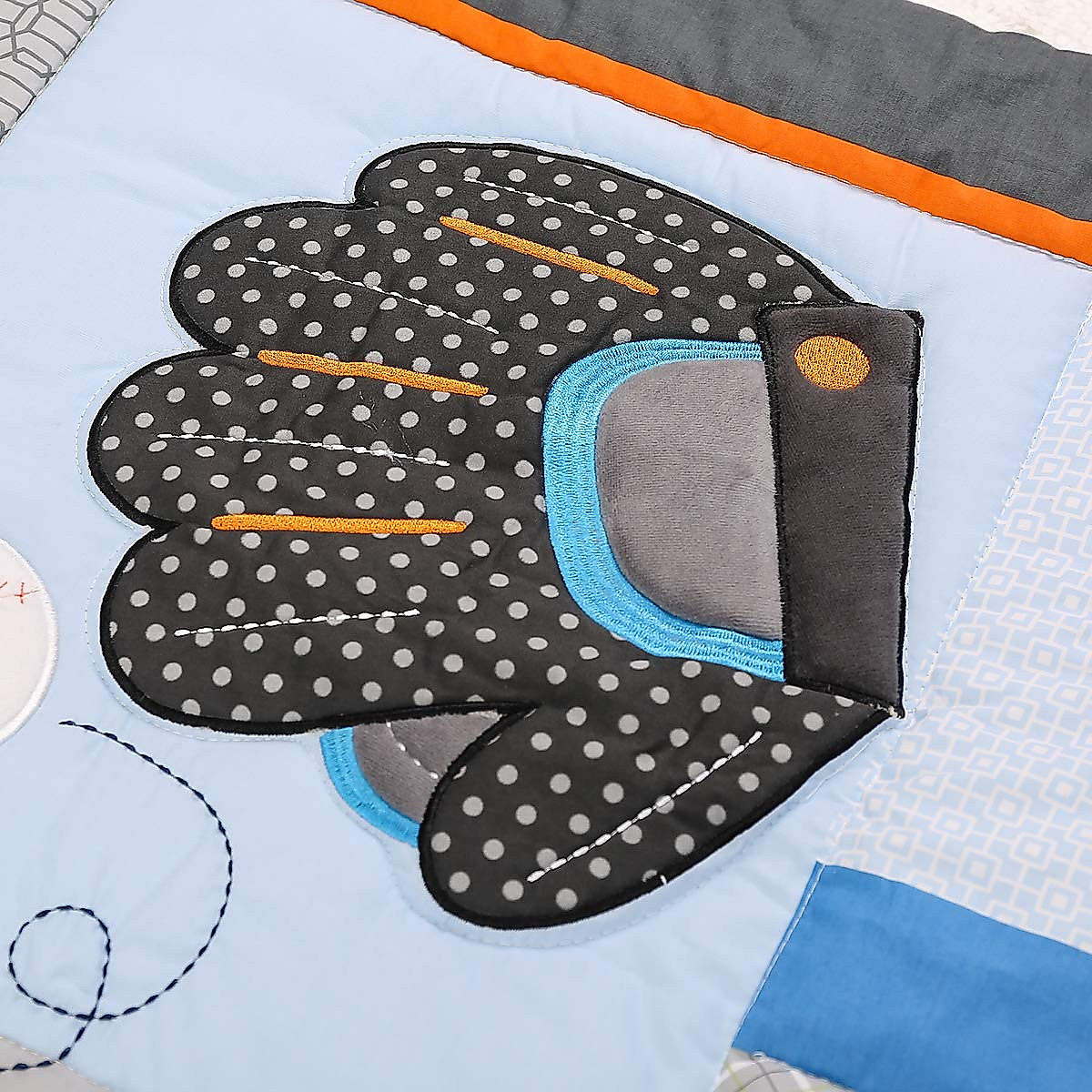 2 PCs Blue Sports Themed Nursery Crib Bedding Set Quilt, Fitted Sheet Soccer Basketball Baseball Embroidery Baby Boy Cot Bedding Set