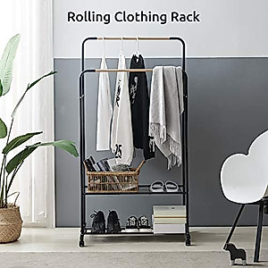 YOUDENOVA Rolling Clothes Rack on Wheels, Clothing Rack for Hanging Clothes, Double Rods Garment Rack, Black