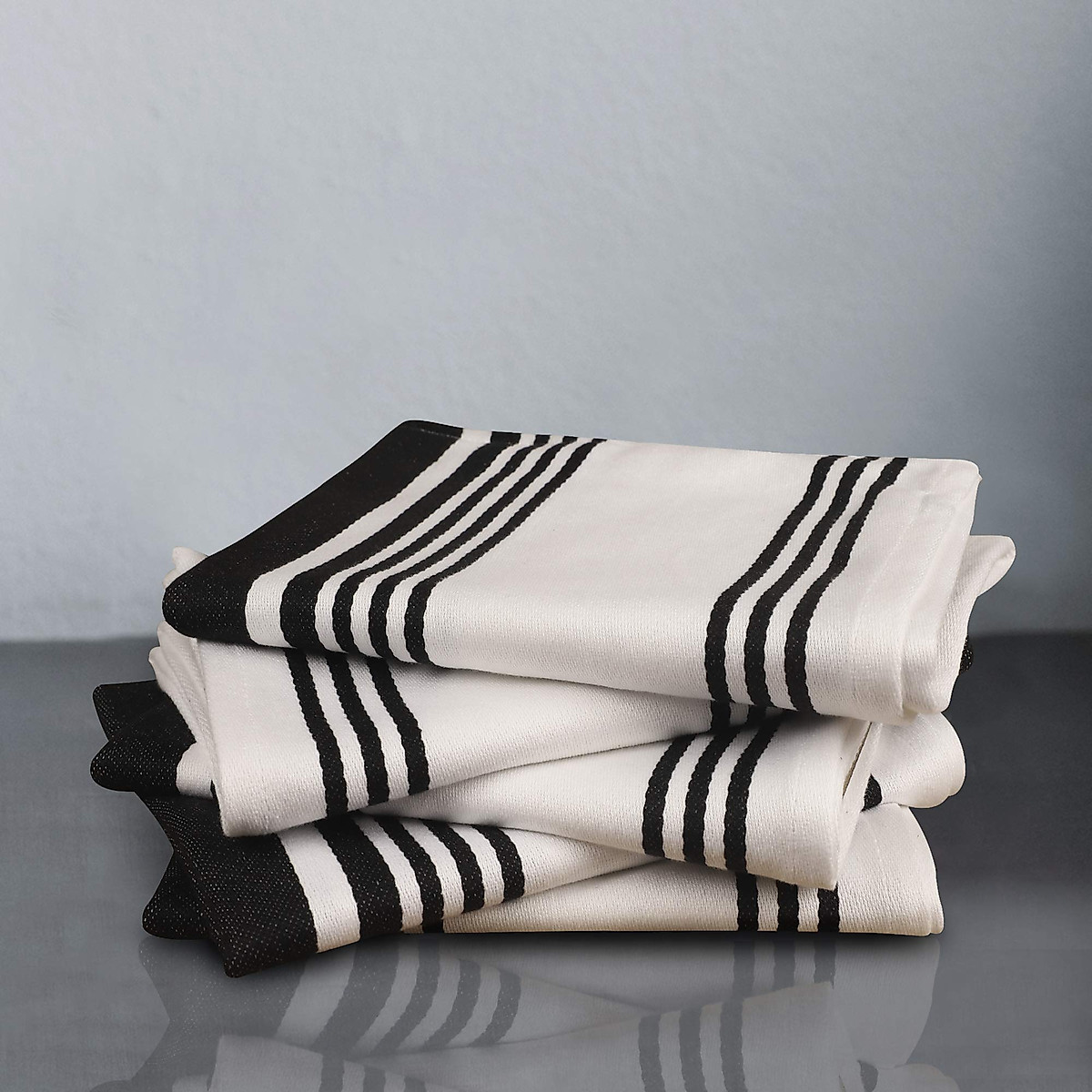 Urban Villa Kitchen Towels 100% Cotton Pack of 6, Highly Absorbent Quick Drying Super Soft Premium Dish Towels for Kitchen with Hanging Loop Hand & Tea Towels - 20x30 Inch, (Black & White, Striped)