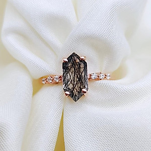 Rings For Women Natural Black Rutilated Quartz Hexagon Cut Ring, Tourmalinated Quartz Ring, Salt and Pepper Diamond, Gift Wedding Ring BY FOREVER GEMS & JEWELS, Rose Gold,White,Silver