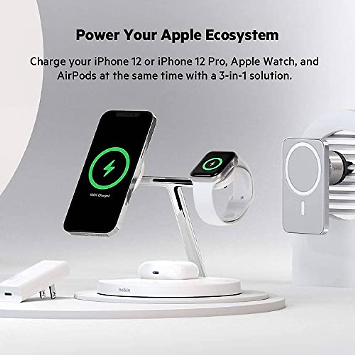 Belkin BoostCharge PRO 3-in-1 Wireless Charger with MagSafe for iPhone 13, 12 + Apple Watch + AirPods (Magnetically Charges iPhone 13 and 12 Models up to 15W)