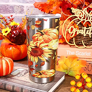 Whaline Fall Watercolor Sunflower Tumbler Stainless Steel Wine Tumbler with Straw and Cleaning Brush Autumn Thanksgiving Coffee Mug Cup for Women Girlfriend Besties Wife Lover Spouse Squash Gifts,1Pcs