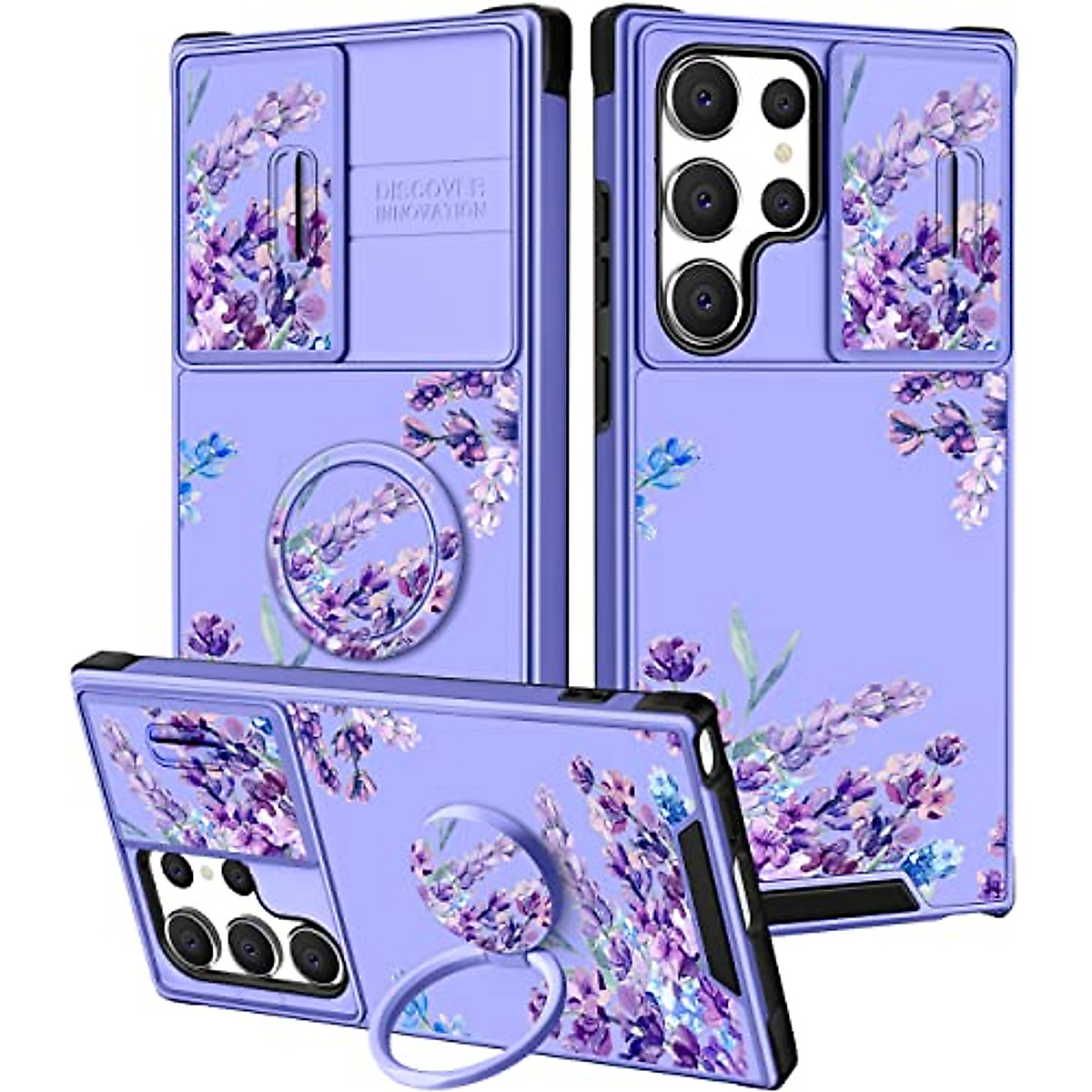 Goocrux (2in1 for Samsung Galaxy S23 Ultra Case Floral Flowers for Women Girls Girly Phone Cover Cute Lavender Flower Design with Slide Camera Cover+Ring Holder Purple Cases for S23 Ultra 5G 6.8''
