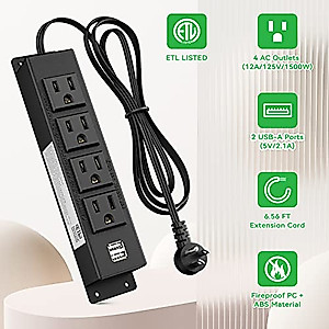 Wall Mount Power Strip with USB, 4 AC Outlet and 2 USB Ports, 6.5 FT Flat Plug Extension Cord, Mountable Power Strip Outlet for/Workbench/Office/Drawer/Nightstand/Cabinet/Desk/Table