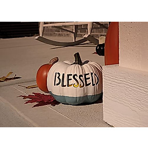 Elanze Designs Blessed White Teal Dip 8 inch Resin Stone Light Up Harvest Pumpkin