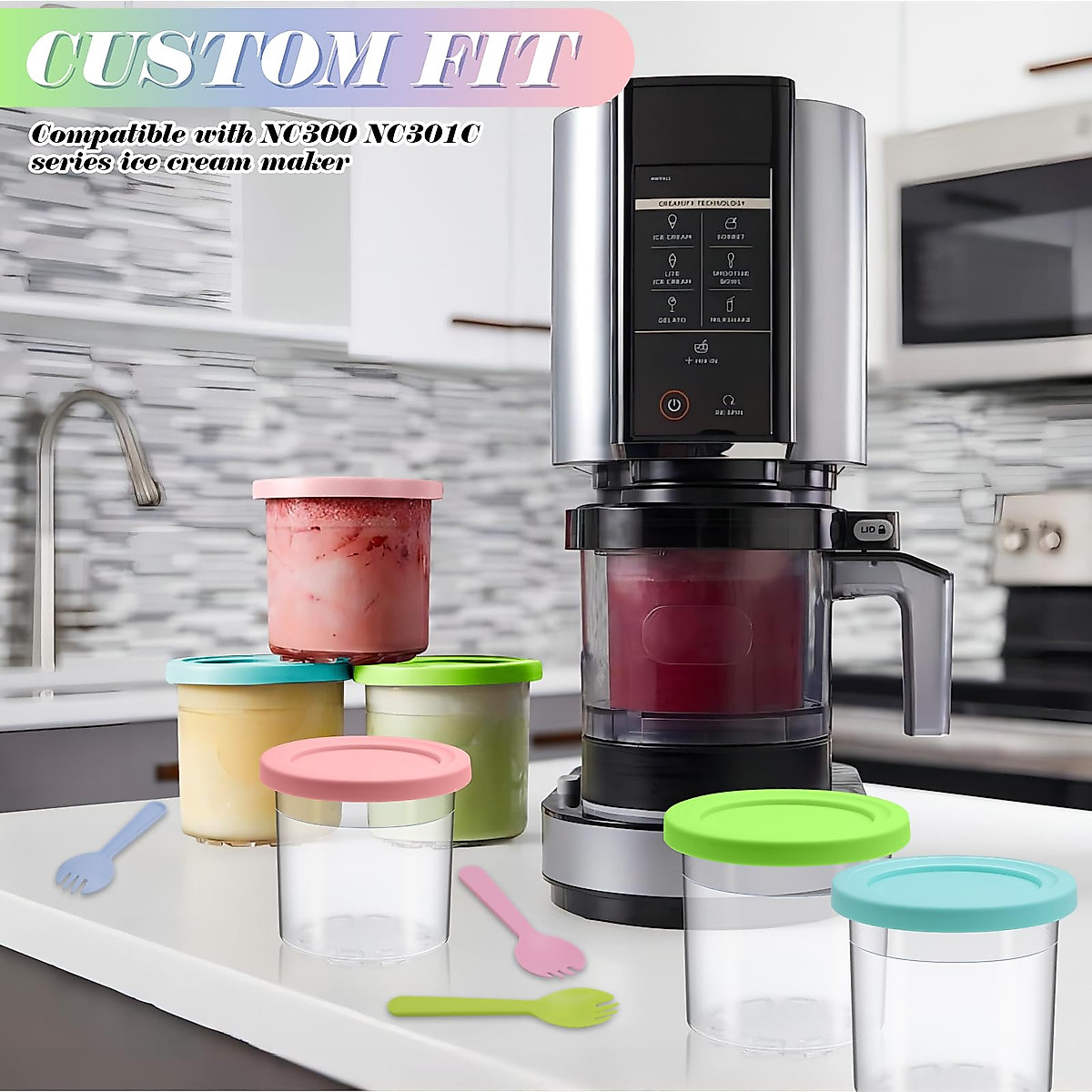 6 Pack Replacement Pint and Lid with Fork, SPOKKI Pint Containers with Silicone Lids, Compatible with Ninja Creami NC301 NC300s NC299AMZ Series, Airtight & Dishwasher Safe