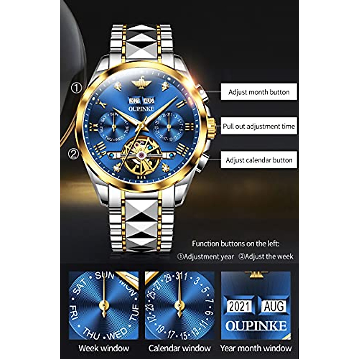 OUPINKE Mens Automatic Watches Diamond Skeleton Self Winding Luxury Dress Wrist Watch Sapphire Crystal Tungsten Steel Luminous Waterproof