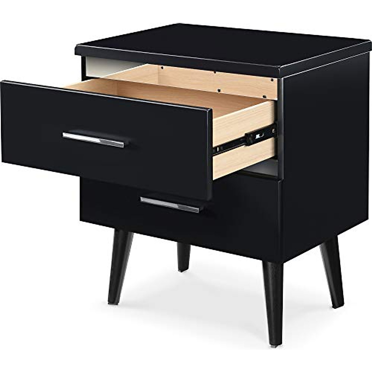 Adore Décor Lennox Mid-Century Side Table 2 Drawers Storage Nightstand, Matte Chrome Handle, Black