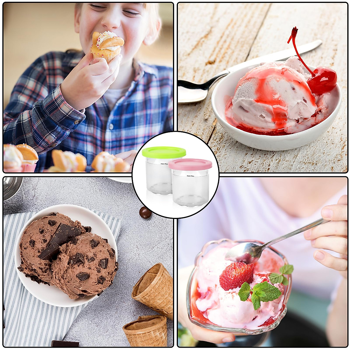 2pcs Replacement Containers for Ninja Creami Pints and Lids, Reusable Ice Cream Containers with Lids Creami Containers Compatible with NC301 NC300 NC299AMZ Series Ice Cream Maker (Pink, Green)