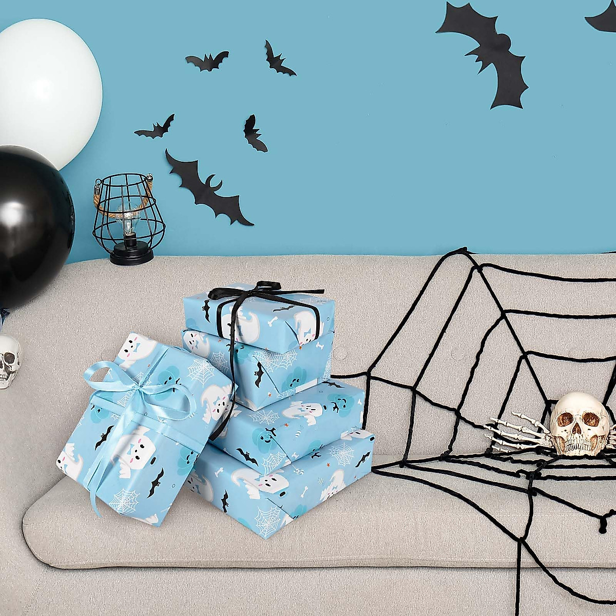 12 Sheets Halloween Wrapping Paper Blue Ghost Pumpkin Bat Printed Gift Wrap Paper Folded Flat Art Decorative Paper for Happy Boo Day Gifts Wrapping Baby Shower DIY Crafts, 19.7 x 27.5 inch