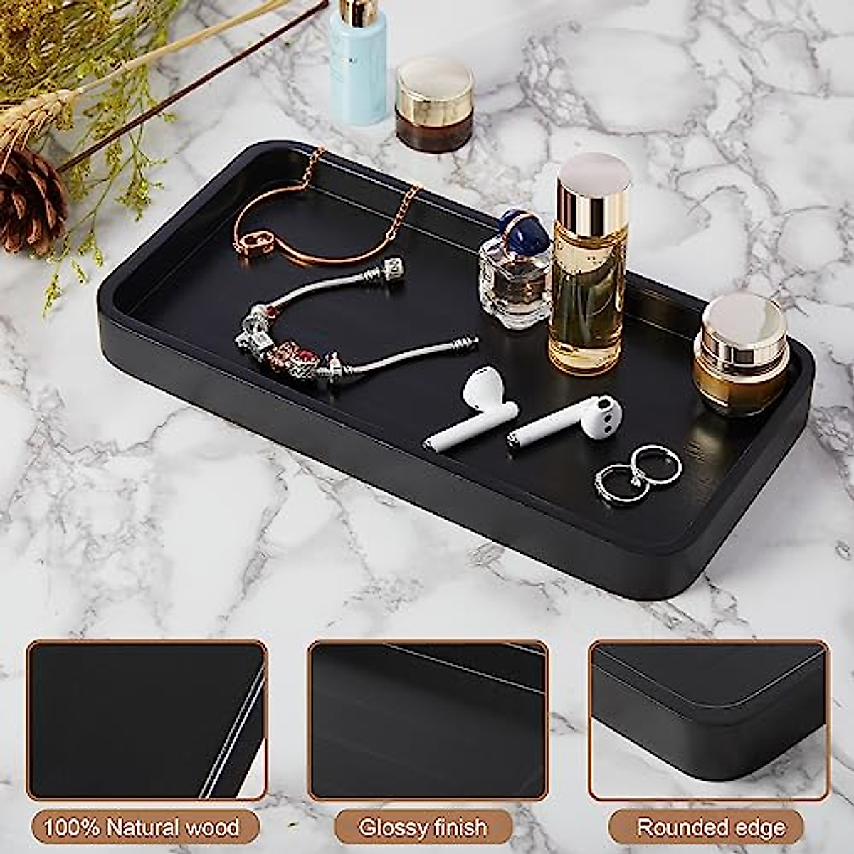 ALELION 10" Bathroom Vanity Tray for Counter - Wood Tray for Dresser Tops Perfume Jewelry Candle Key Catchall - Black Kitchen Countertop Organizer for Soap Dispenser and Sponge Holder
