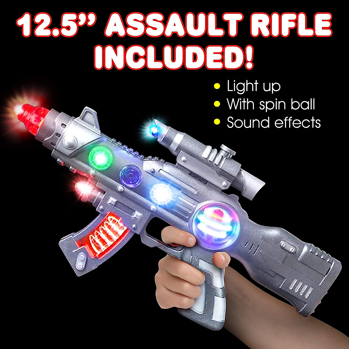 Light Up Spin Ball Blaster Toy Gun, 12.5 Inch Assault Rifle with Thrilling Multicolor LEDs and Sound Effects, Batteries Included, Play Gun for Boys and Girls, Space Gun Toy
